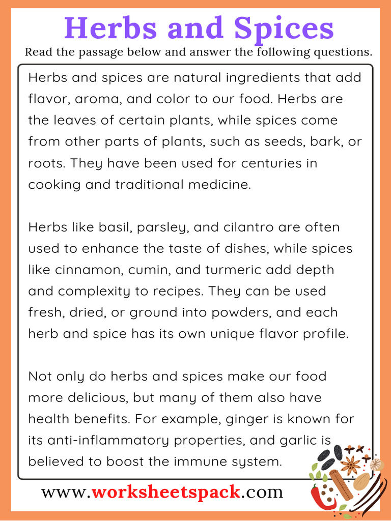 Herbs and Spices Reading Comprehension Passage | PDF