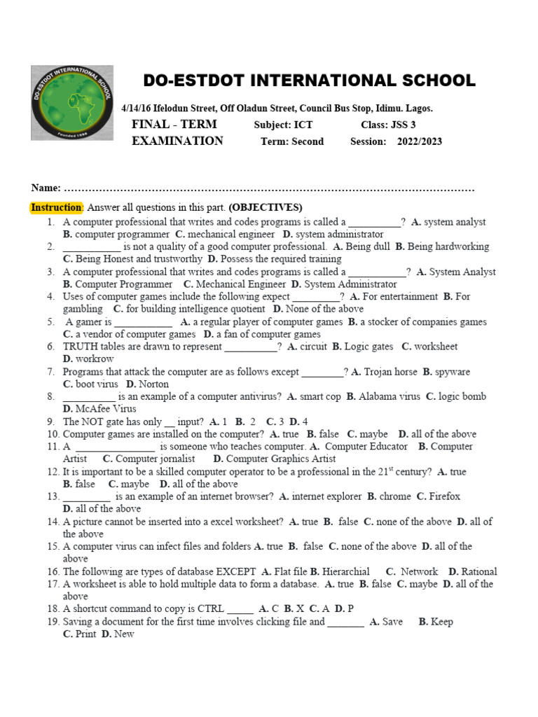 JSS 3 ICT Examination Paper | PDF | Antivirus Software | Microsoft Excel