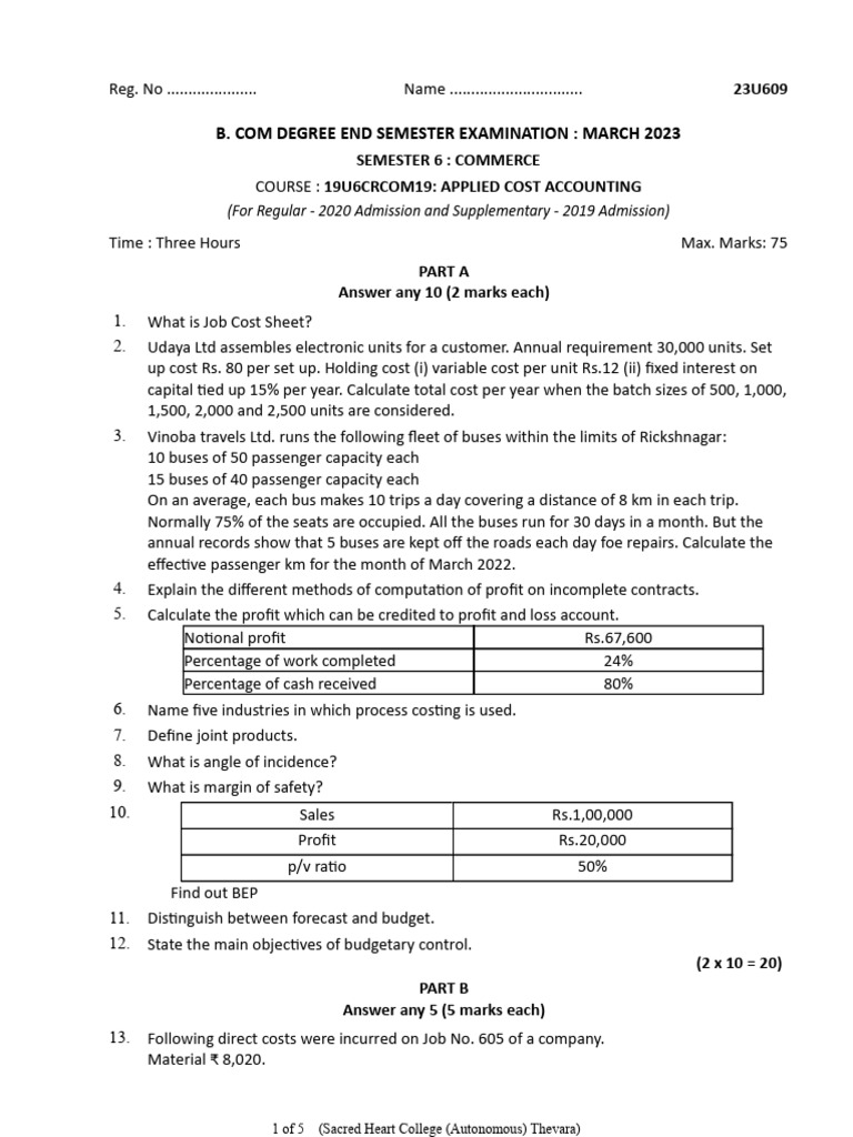 23u609 19u6crcom19 QP Printed | PDF | Cost | Financial Accounting