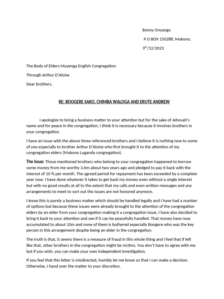 Letter To Elders in Muyenga | PDF