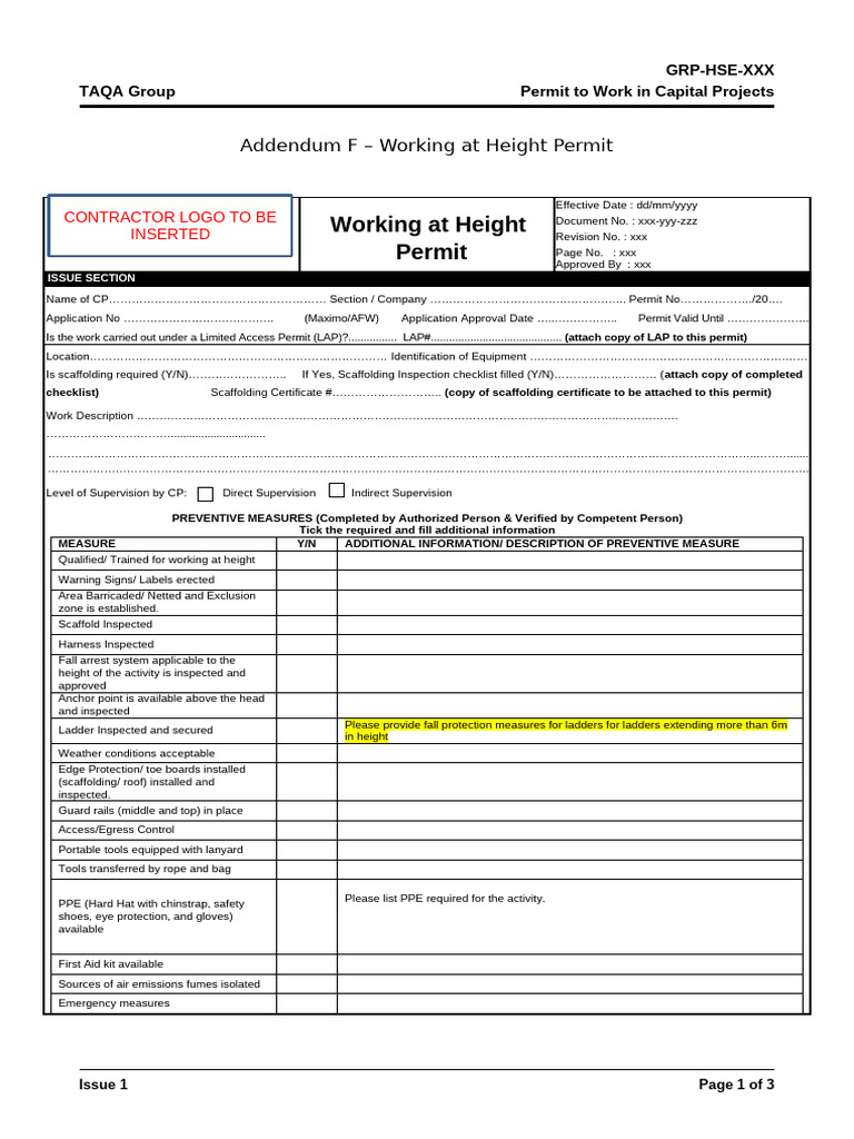 Addendum C - Working at Height Permit - PTW Capital Project | PDF ...