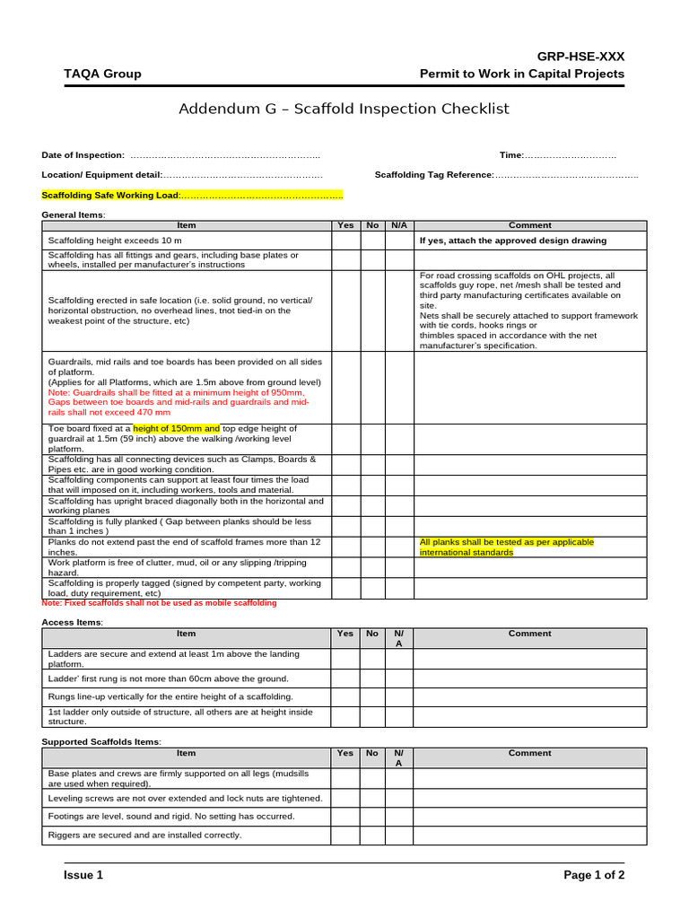 Scaffold Inspection Checklist for Projects | PDF | Scaffolding ...
