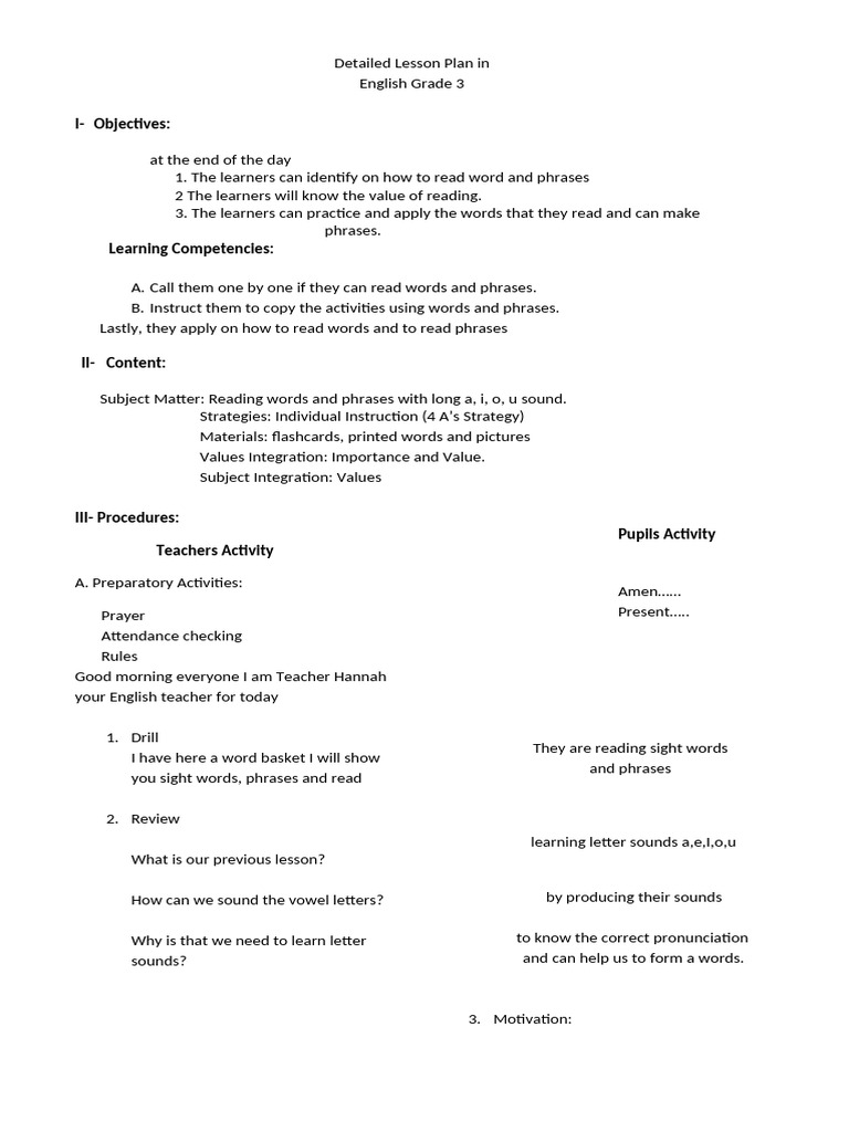 Detailed Lesson Plan in English | PDF | English Language | Lesson Plan
