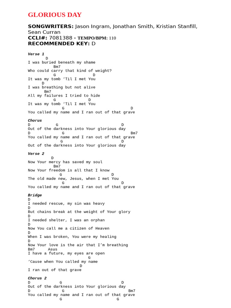 Glorious Day Lyrics and Chords | PDF