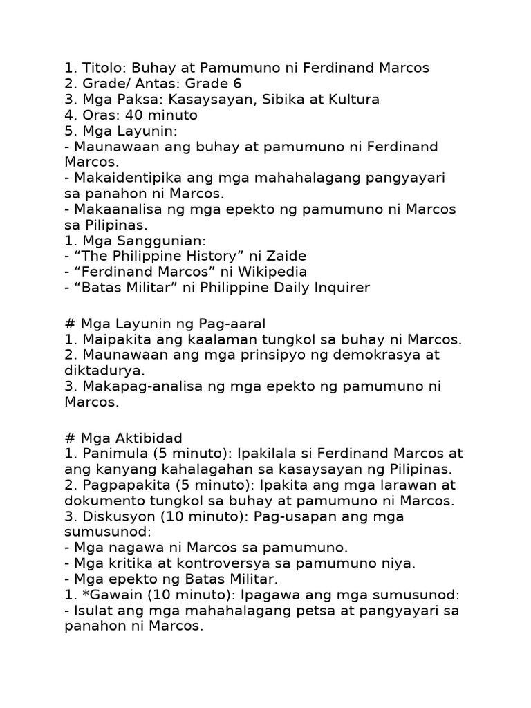 Ferdinand Marcos Lesson Plan | PDF