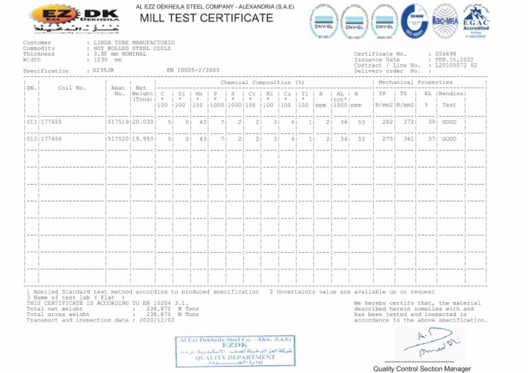 Ezz Steel MTC 3.5 MM | PDF