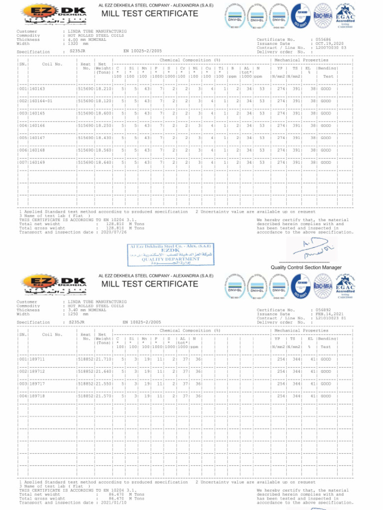 Ezz Steel MTC 4 MM | PDF
