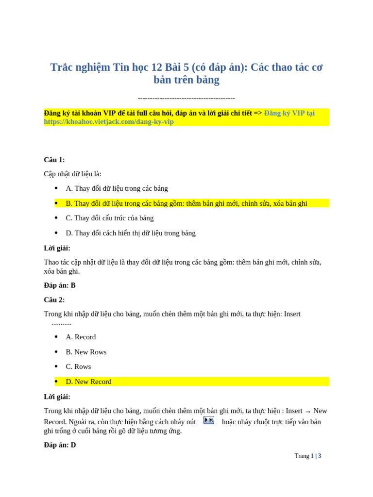 Trac Nghiem Tin Hoc 12 Bai 5 Co Dap An Cac Thao Tac Co Ban Tren Bang - 2025 - 03 - 05 | PDF