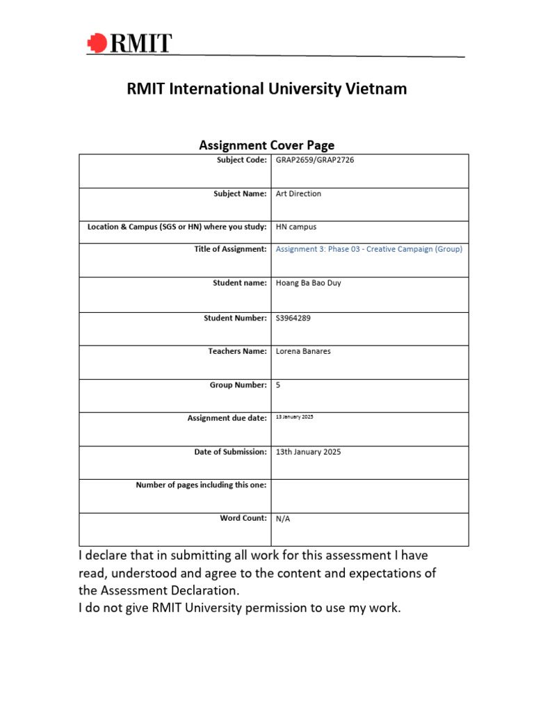 RMIT Assignment Cover Page Template | PDF