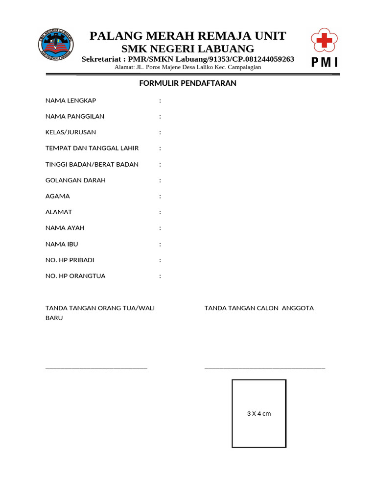 Formulir Pendaftaran PMR SMK Labuang | PDF