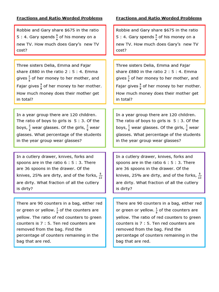 Fraction and Ratio Worded Problems Practice Strips | PDF | Spoon ...