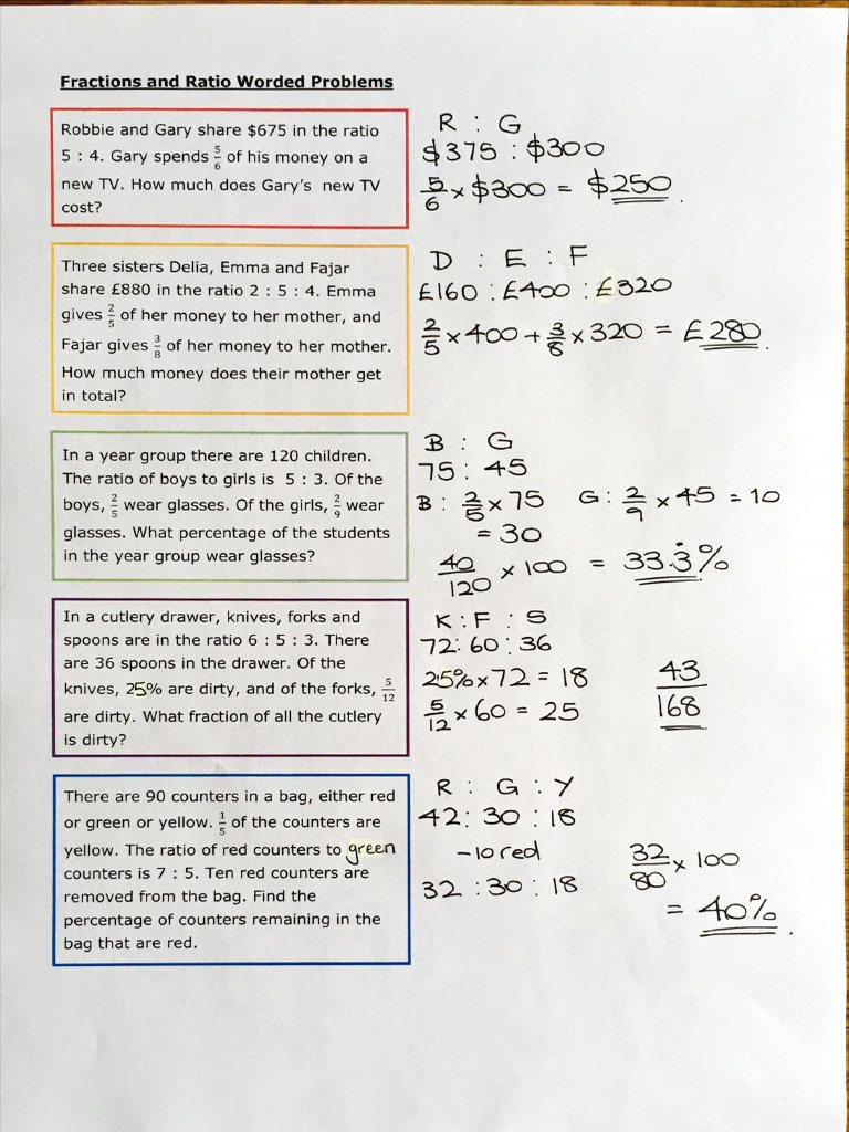 Fraction and Ratio Worded Problems Practice Strips Answers | PDF