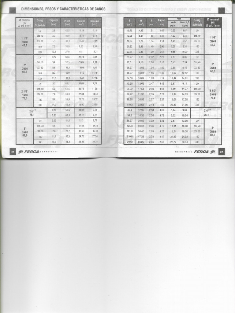 Dimensiones de Caños DN 40 - DN 80 - Ferca | PDF