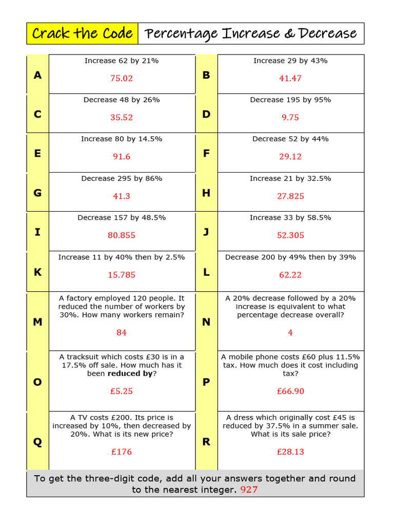Percentage Increase and Decrease Crack The Code Answers | PDF