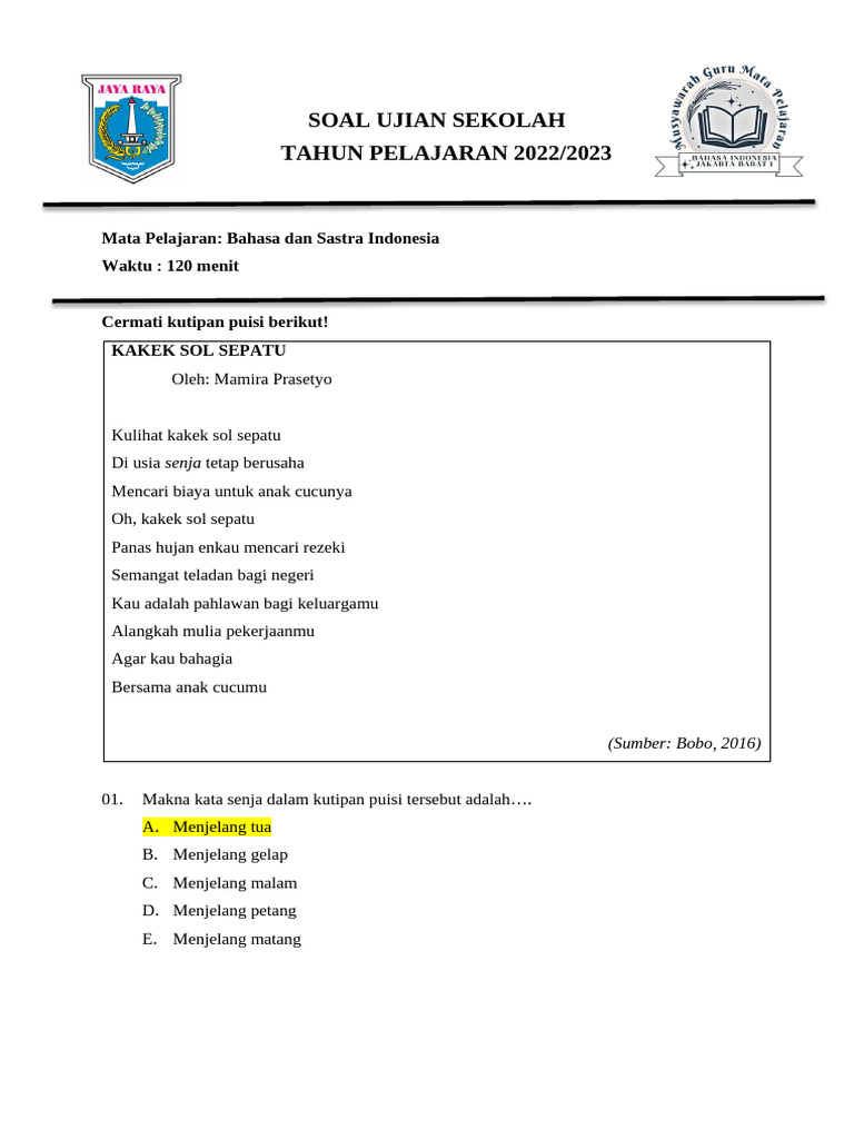 SOAL US BAHASA DAN SASTRA INDONESIA MGMP JB1 | PDF