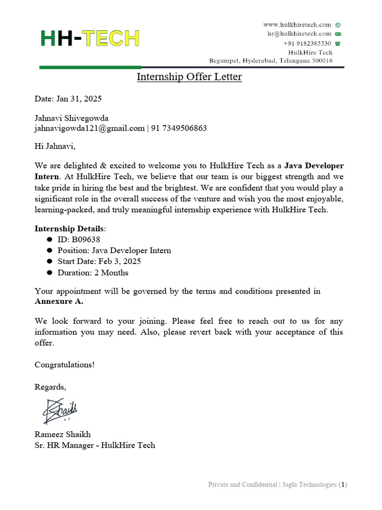 Internship Offer Letter - B09638 | PDF