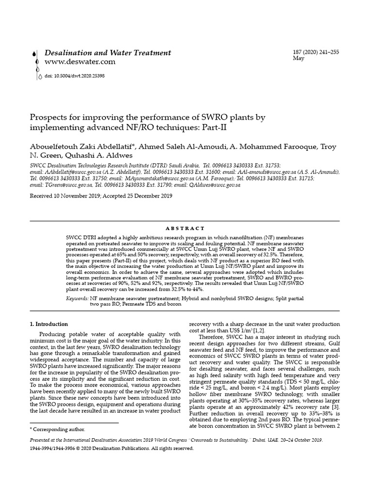 Prospects For Improving The Performance of SWRO Plants by Implementing Advanced NFRO Techniques ...