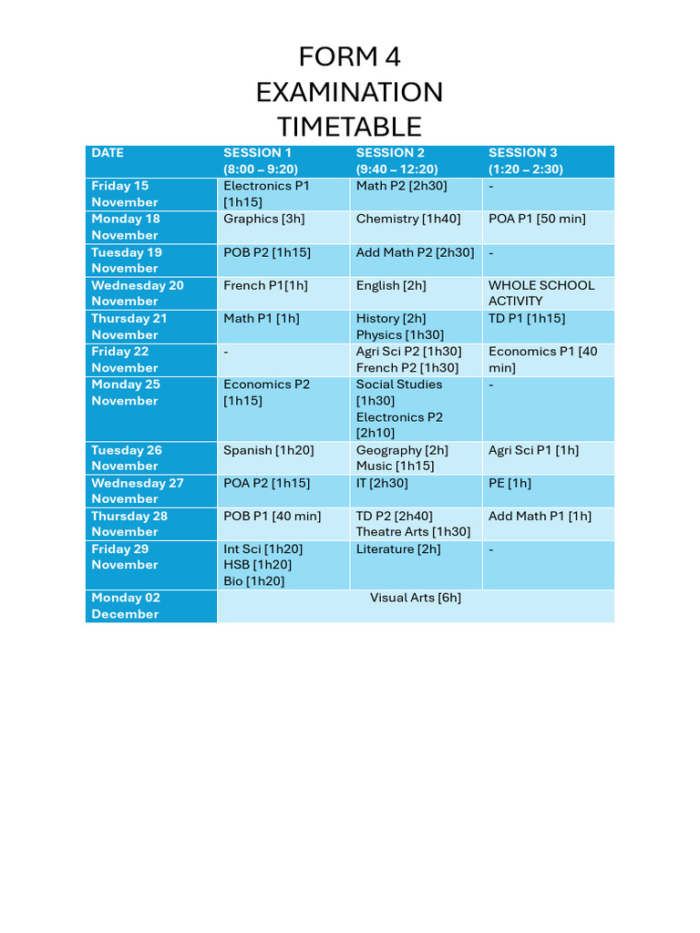 Form 4 Exam Timetable - Term 1 | PDF
