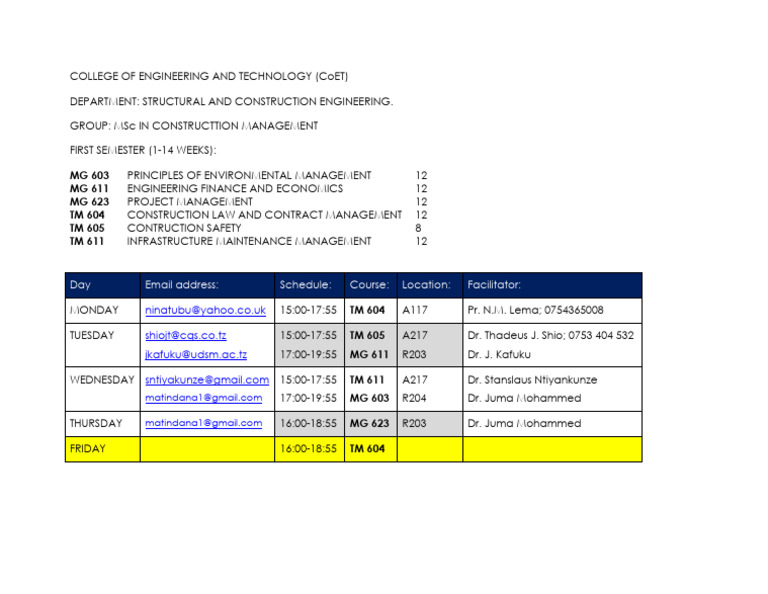 MSc. CM TIMETABLE 2021-2022 | PDF
