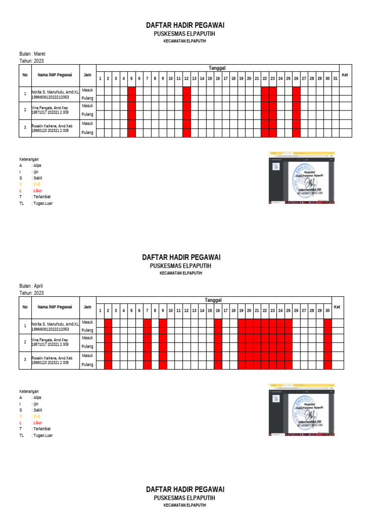 Daftar Hadir Pegawai Tahun 2023 | PDF