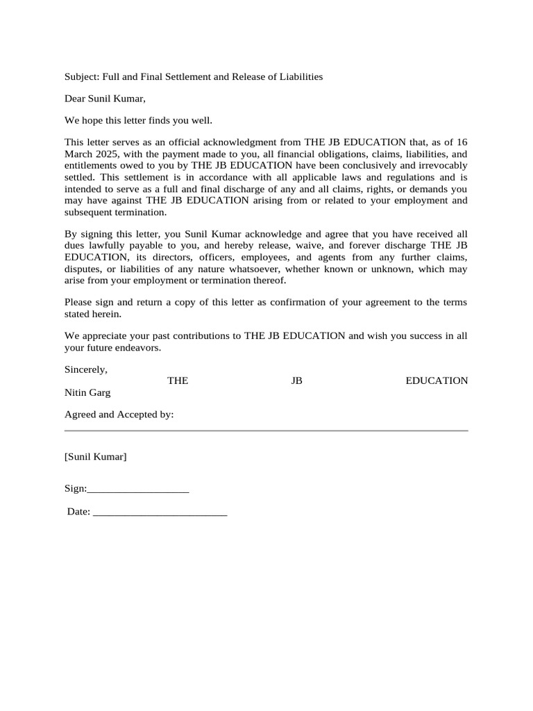 Subject - Full and Final Settlement and Release of Liabilities | PDF