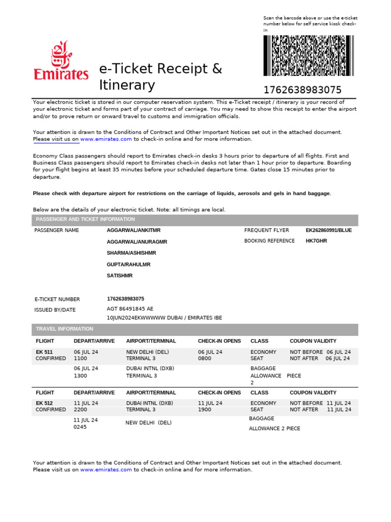 Emirates e-Ticket Receipt & Itinerary | PDF | Airlines | Aviation