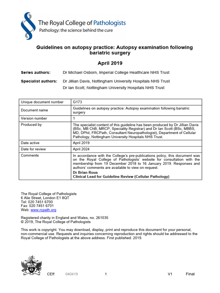 G173 Guidelines On Autopsy Practice Autopsy Examination Following Bariatric Surgery For ...