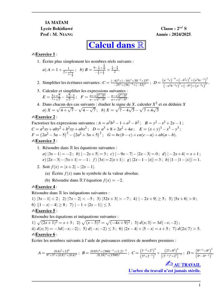 Exercices de Calcul dans R pour Seconde S | PDF | Mathématiques ...