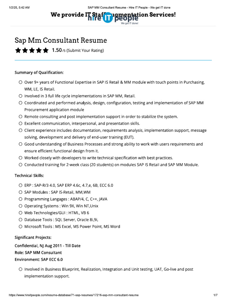 SAP MM CV Hire IT | PDF