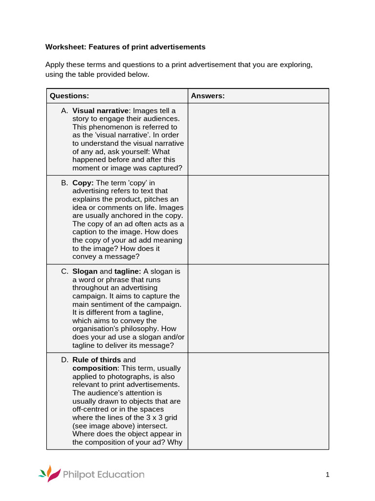Print Advertisement Features Worksheet | PDF | Advertising | Image