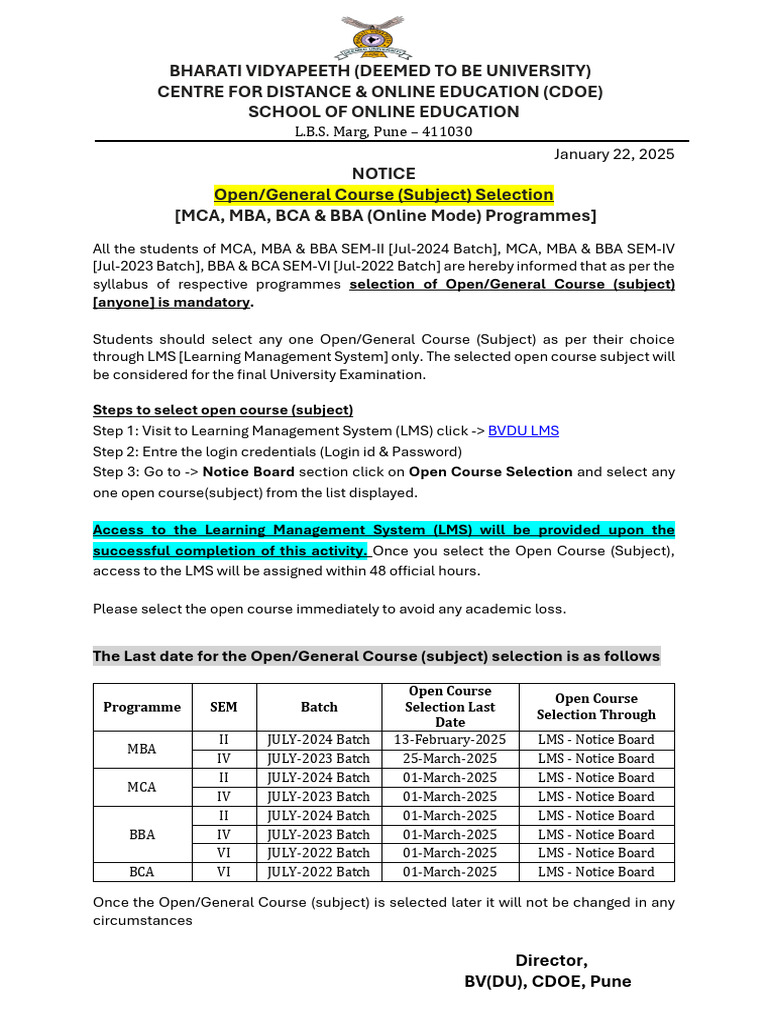 Notice - Open Course Selection MCA, MBA, BBA, BCA 24012025 v1.2 | PDF | Computer Access Control ...