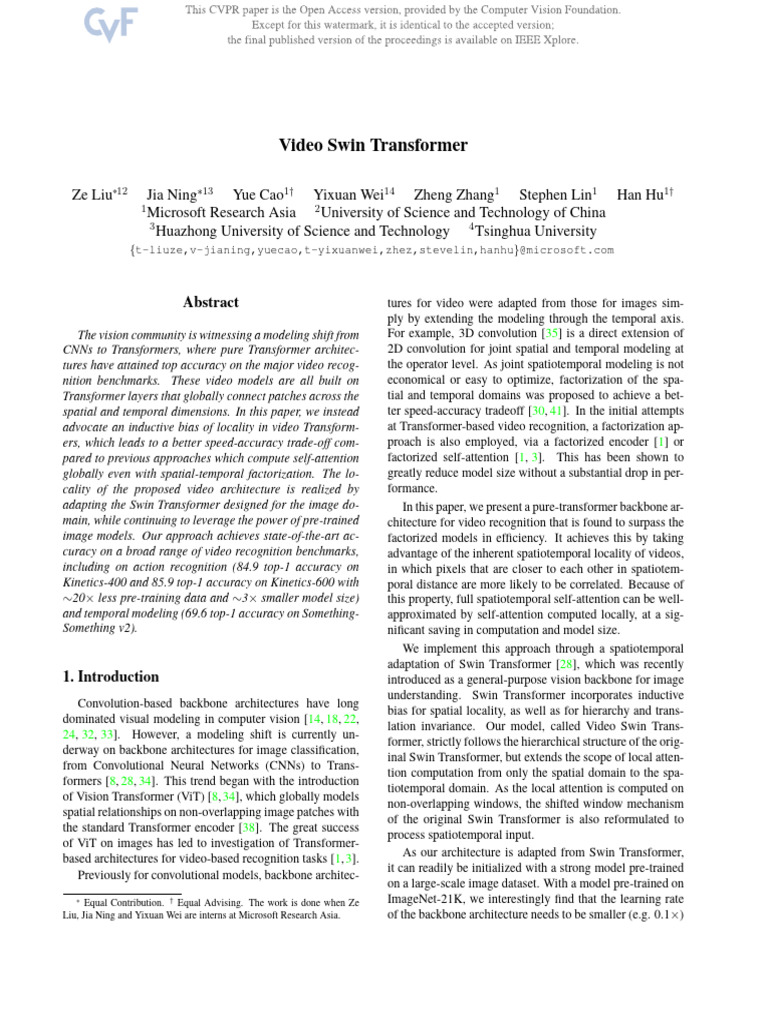 Liu Video Swin Transformer CVPR 2022 Paper | PDF | Applied Mathematics | Computing