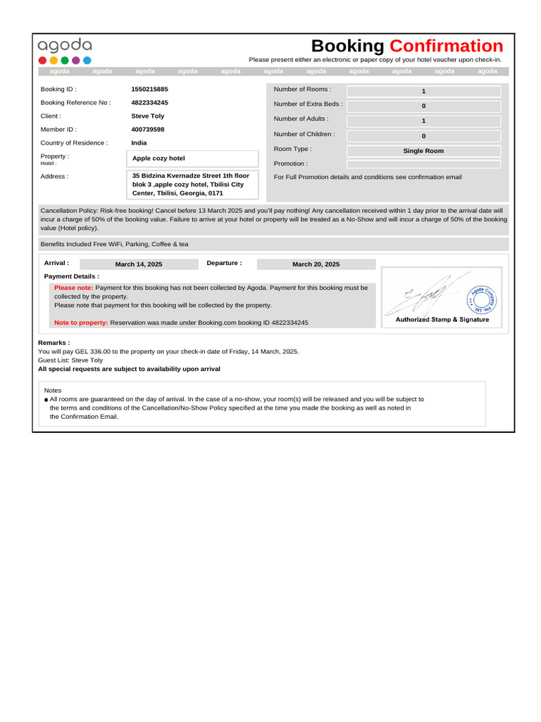 Confirmation For Booking ID # 1550215885 | PDF