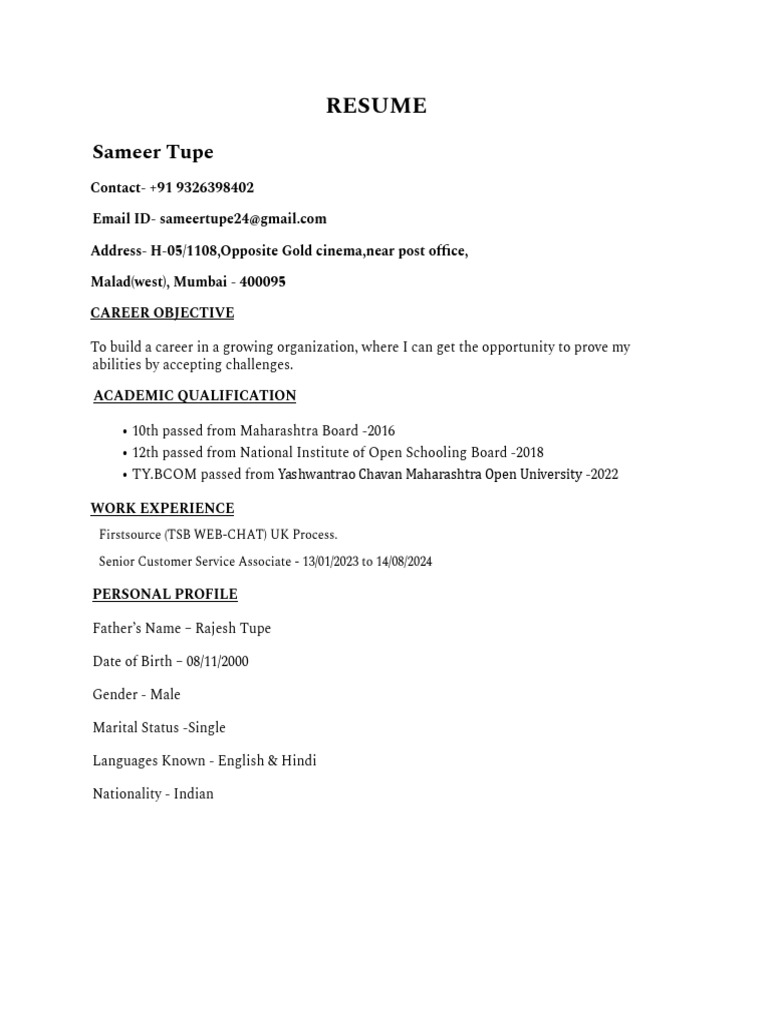Sameer Tupe Resume | PDF