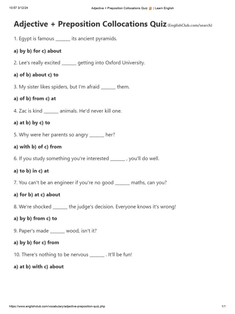 Adjective + Preposition Collocations Quiz ? _ Learn English | PDF