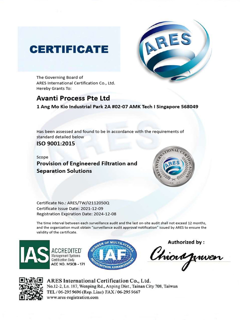 IAS 9001 Avanti Process Pte LTD | PDF