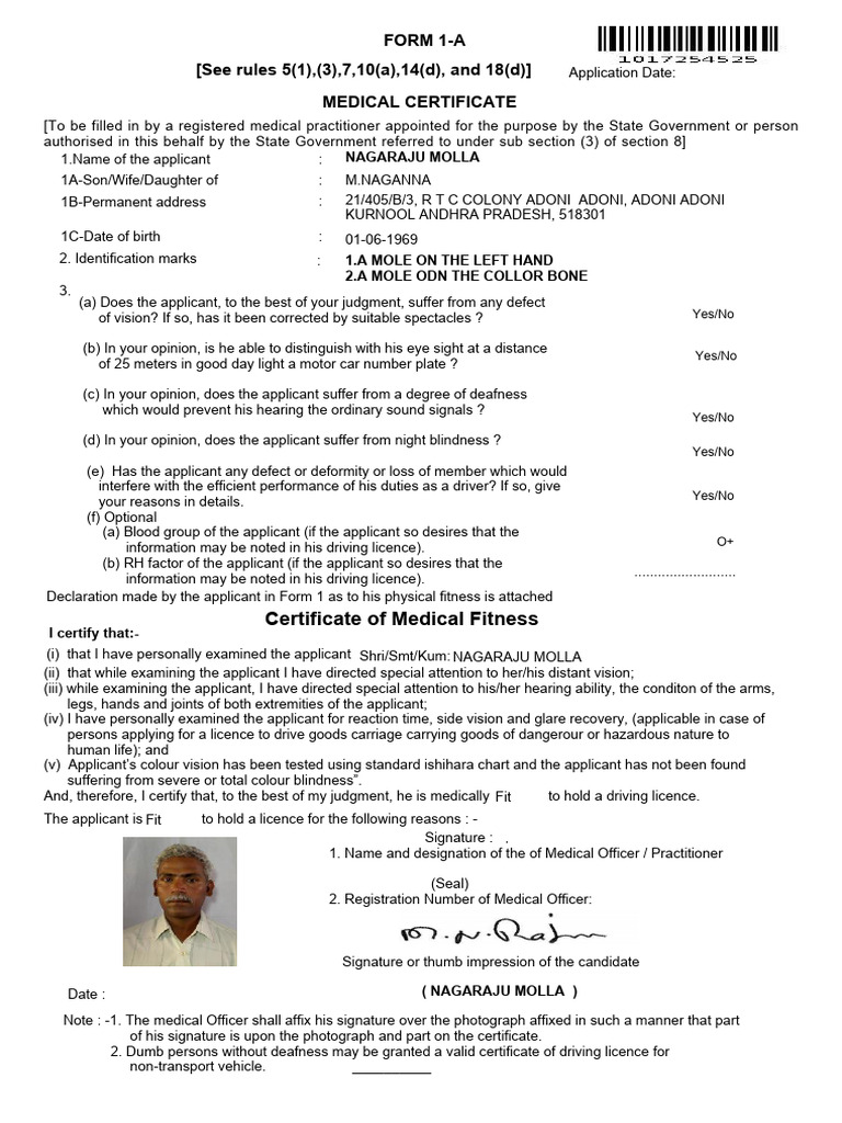 Medical Certificate Form 1-A AP | PDF | Driver's License