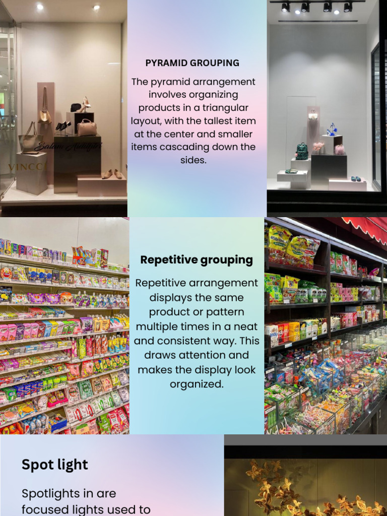 The pyramid arrangement in visual merchandising involves organizing ...