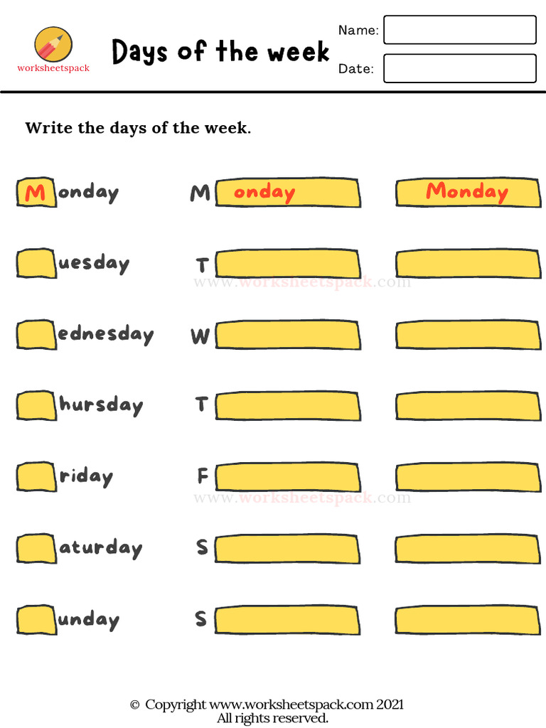 Days of The Week Worksheets Write The Days of The Week in English | PDF