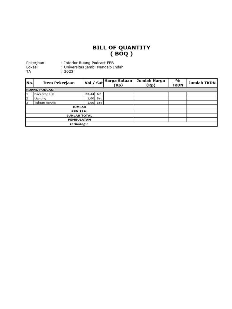 BOQ Interior Ruang Podcast FEB | PDF