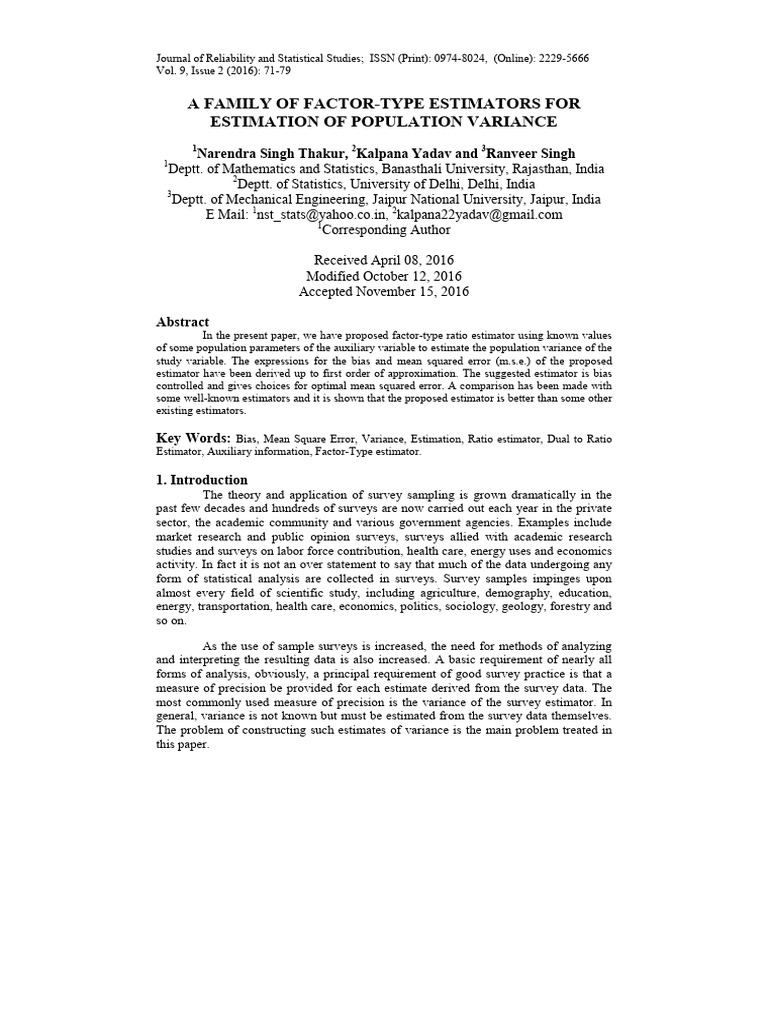 Factor-Type Estimators for Variance | PDF | Estimator | Survey Methodology