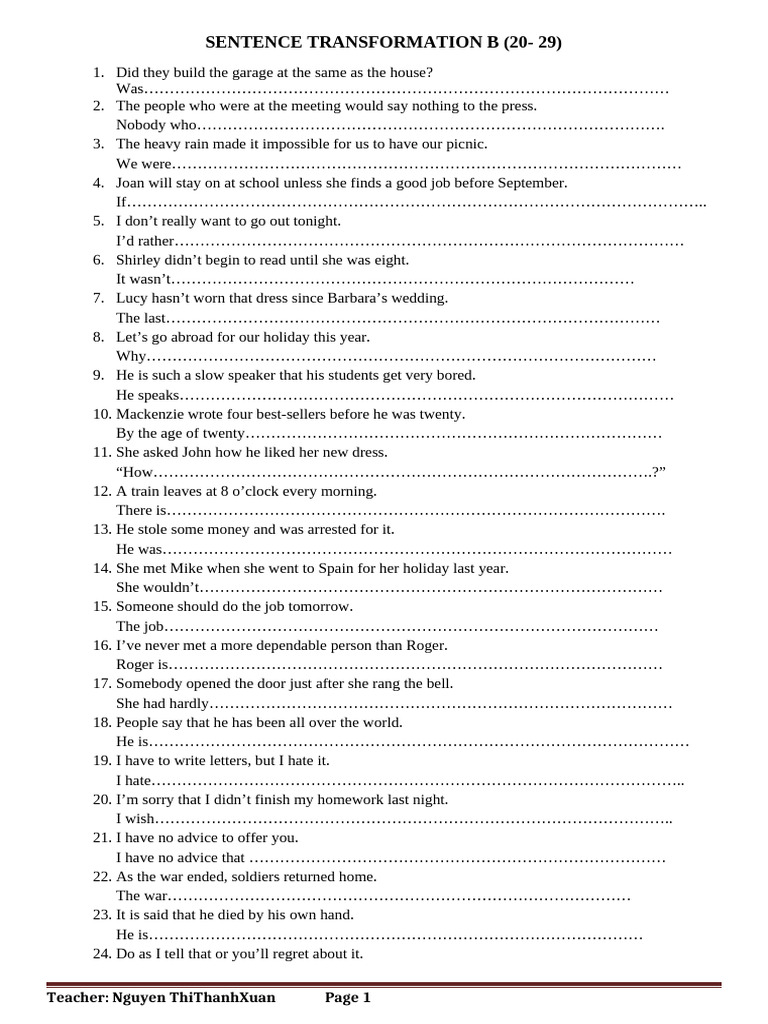 Sentence Transformation 1b - 2 | PDF