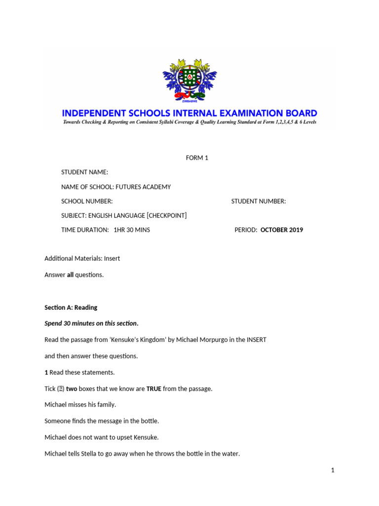 Form 1 English Language Cambridge Paper | PDF