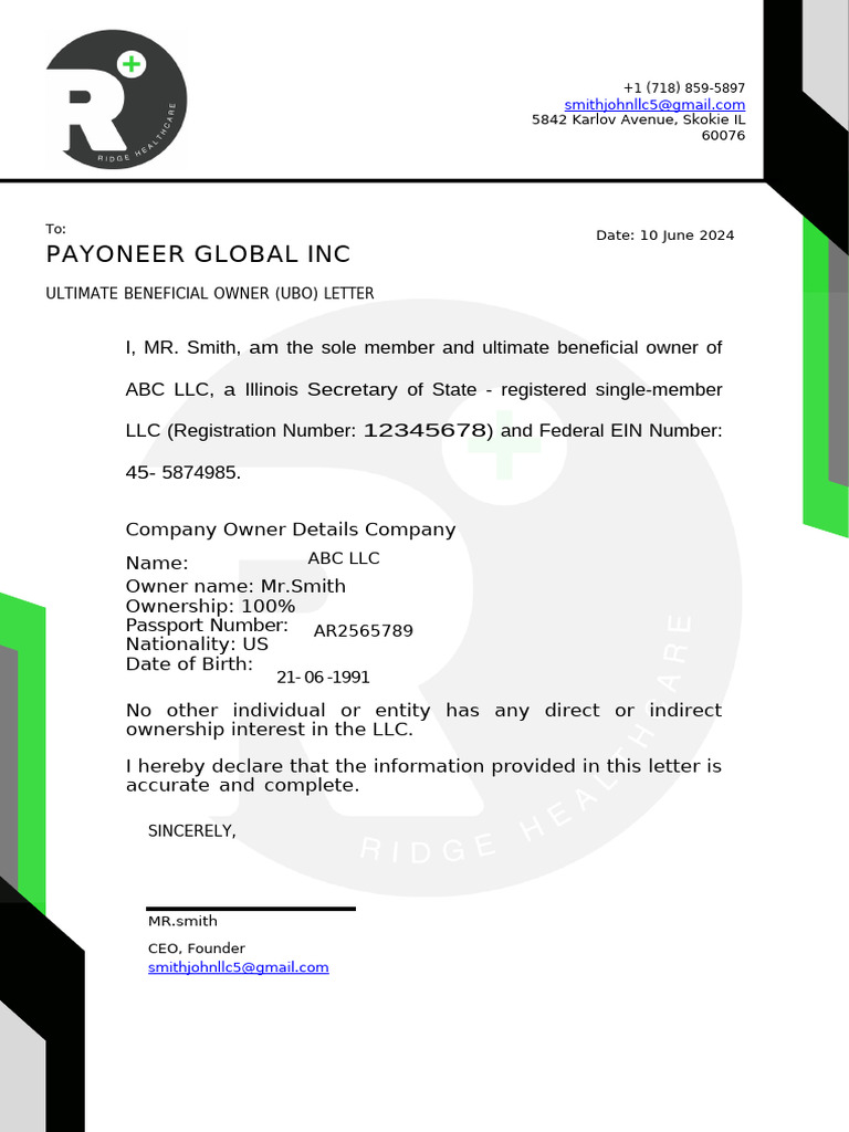 UBO Letter Ridge Healthcare For Payoneer | PDF