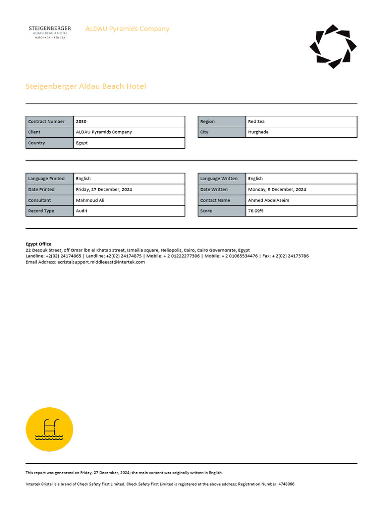 Audit Report - PoolCheck - Monday, 9 December, 2024 | PDF | Hygiene | Swimming Pool