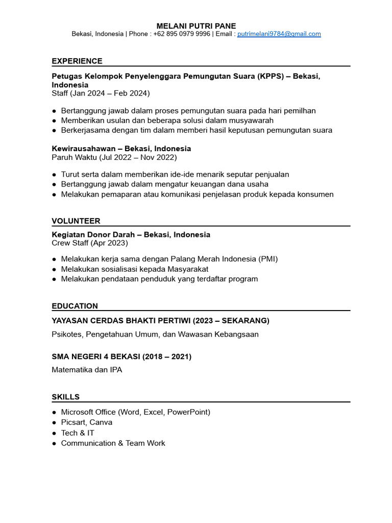 CV ATS MELANI PUTRI PANE.docx | PDF
