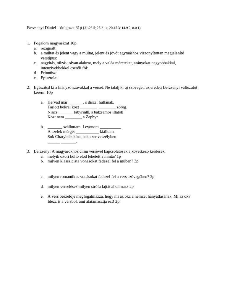 Berzsenyi Dániel - Dolgozat | PDF