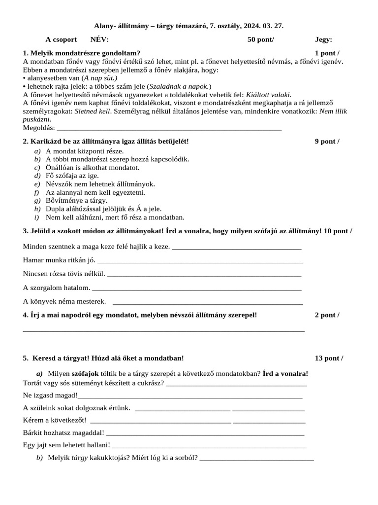 Alany, Állítmány, Tárgy TZ | PDF