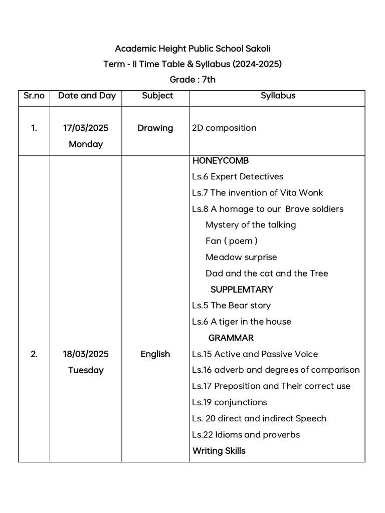 Term II Timetable G 7 | PDF