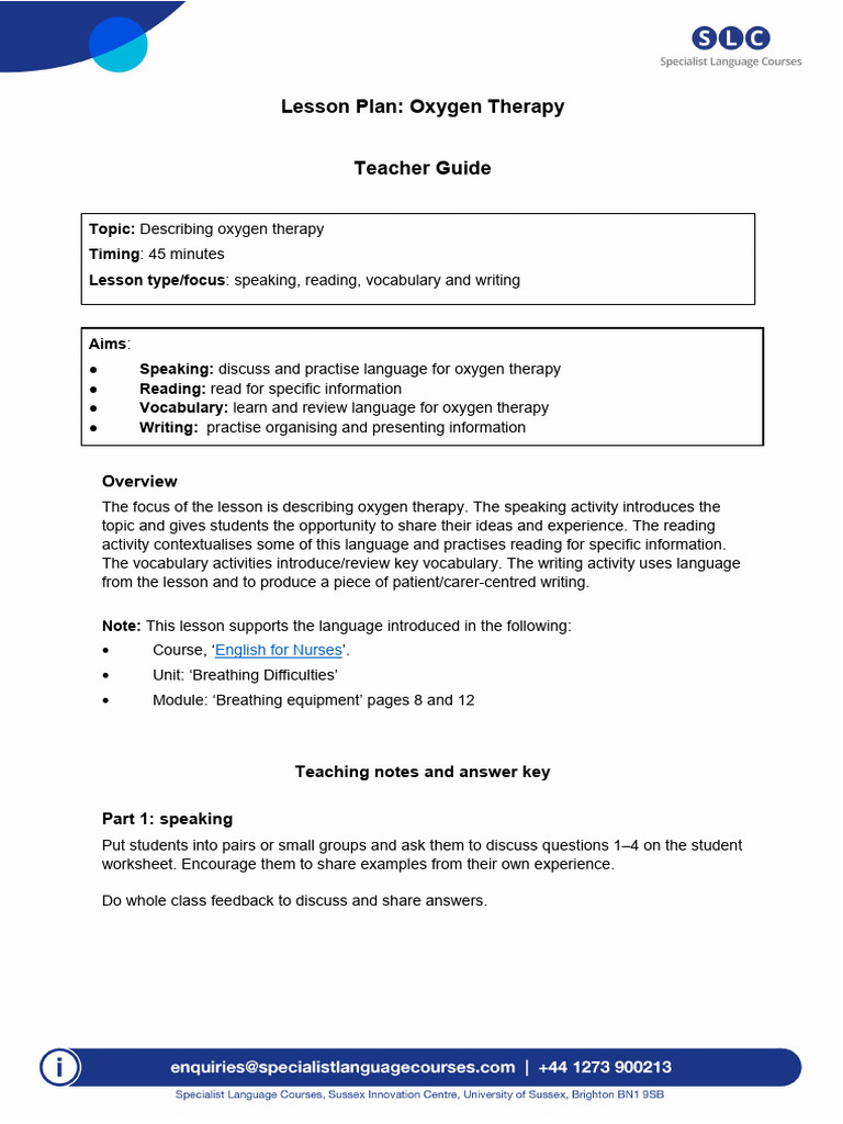 Lesson Plan Oxygen Therapy by Specialist Language Courses | PDF ...